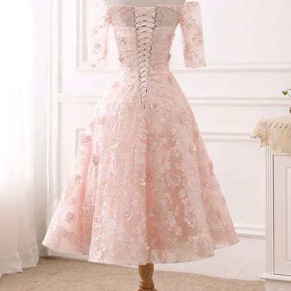 Light Pink Tea Length Floral Lace Wedding Party Dress Cute A Line Prom