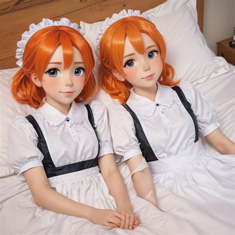 Two Anime Girls Maids With Orange Hair Laying In A Bed