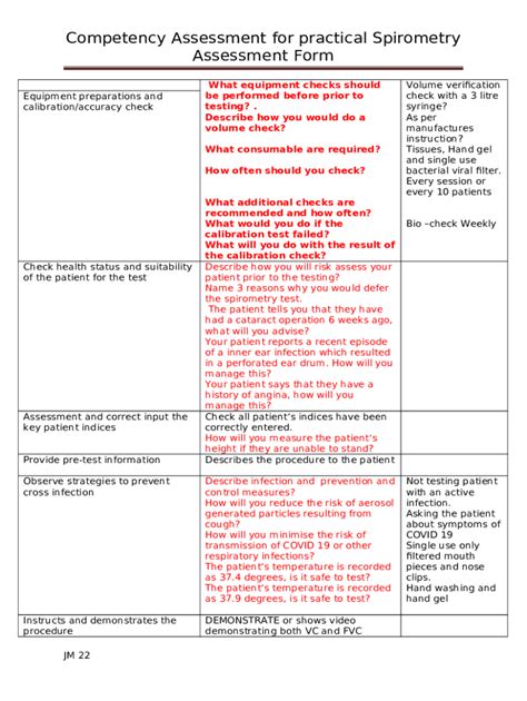Competency Assessment For Practical Spirometry Assessment Doc Template