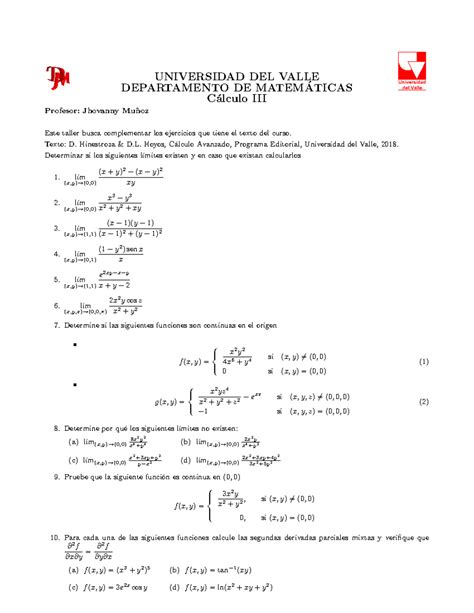 Taller 2 Calculo Iii Universidad Del Valle Departamento De