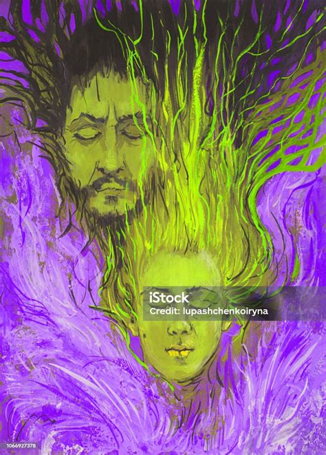 세련 된 일러스트 작품 내 원래의 그림 쌍 초상화는 여자와 한 남자의 긴 머리와 화이트 날개 구름 비행 커플에 대한 스톡 벡터 아트 및 기타 이미지 Istock