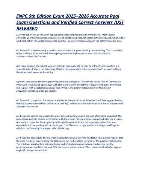 Enpc 6th Edition Exam 2025 2026 Pediatric Emergency Nursing Certificationverified Real E