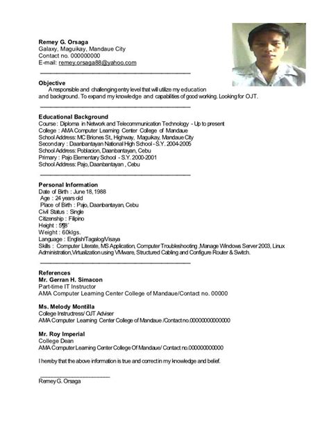 Sample Resume For Ojt Simple Resume
