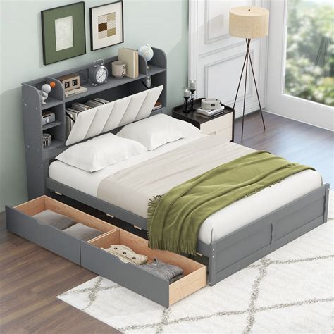 Euroco Queen Size Platform Bed With Storage Headboard And 2 Drawers