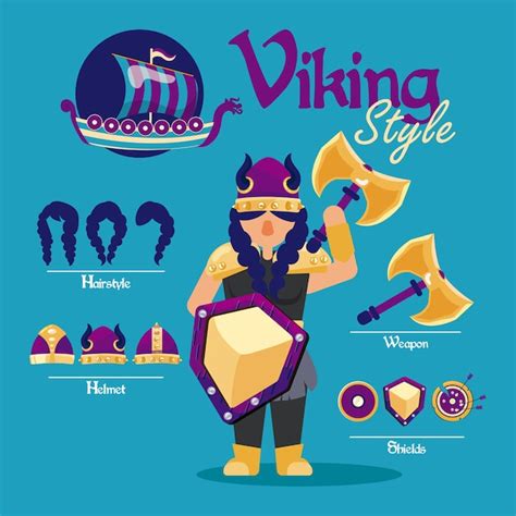 Premium Vector Cute Viking Female Character Asset With Weapons And Helmets Vector Illustration