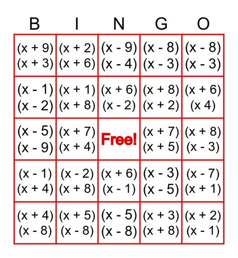 Factoring Bingo Card