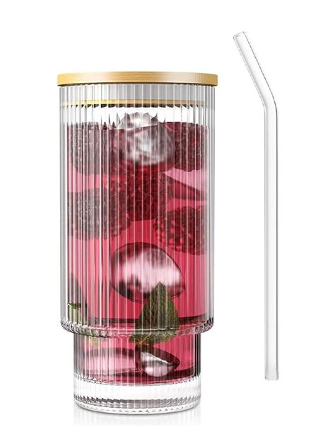 Buy Kelvee Ribbed Drinking Glasses With Bamboo Lids And Straws Ribbed