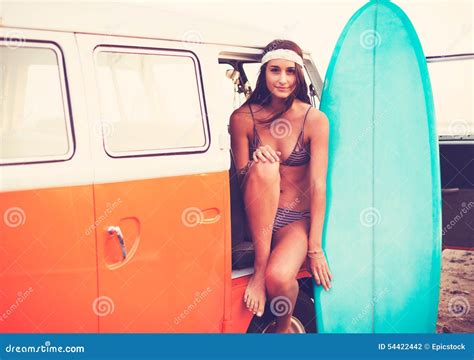 Beach Lifestyle Surfer Girls In Vintage Surf Van Royalty Free Stock