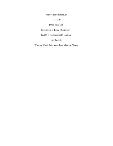 Biol 5600 Lr9 Lab Report Mary Alice Strohmeyer 11 13 Biol 5600 Experiment 9 Renal