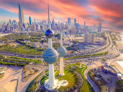 Aerial View Of Kuwait City Metropolitan Capital Highrise Skyline Stock