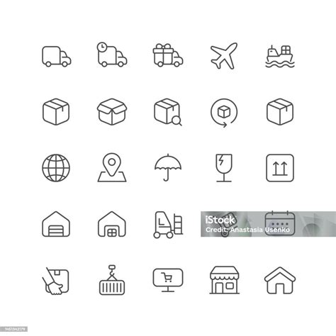 Ui에 대한 개요 아이콘 컬렉션입니다 벡터 가는 선 그림 세트입니다 비즈니스 배달 서비스 흰색 배경에 격리된 글로벌 배송 및 창고 기호 디자인 요소 비행기에 대한 스톡 벡터