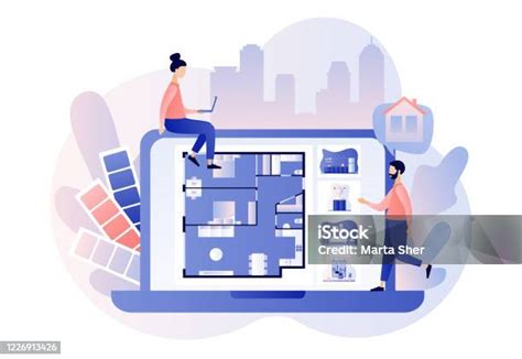 인테리어 디자인 스튜디오 컨셉 노트북에서 일하는 작은 사람들 디자이너 프로젝트 내부 집 장식 서비스 현대 평면 만화 스타일입니다