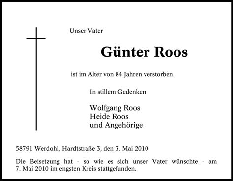 Traueranzeigen Von Günter Roos Trauer In Nrw De