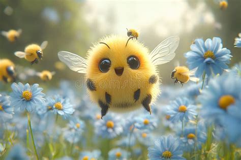 Adorable Fuzzy Bees In A Vibrant Field Of Blue Flowers Perfect For