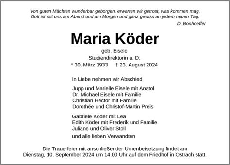 Traueranzeigen Von Maria Köder Schwaebische De Trauerportal
