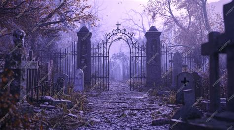 A Mysterious Pathway Through An Eerie Graveyard With Stone Crosses And