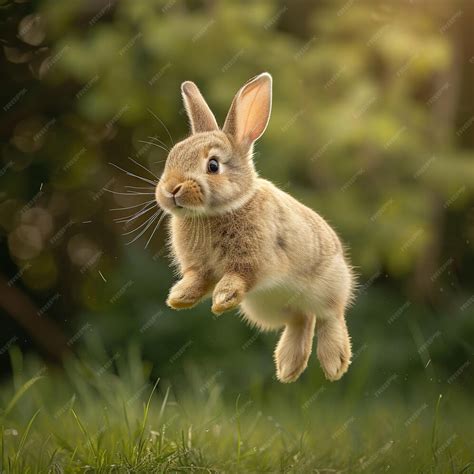 Premium Photo Cute Little Bunny Jumping On Green Grass Springtime