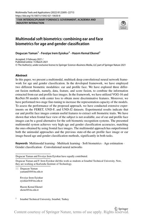 multimodal soft biometrics combining ear and face biometrics for age