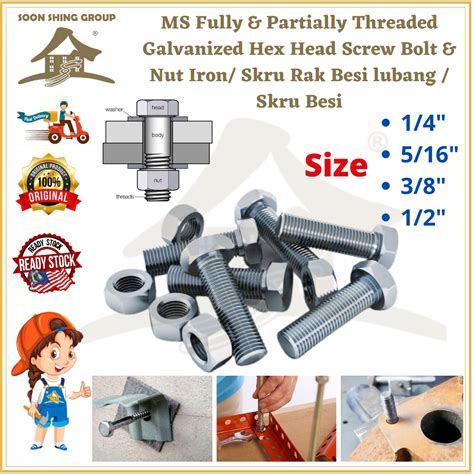 1 4 5 16 3 8 1 2 Ms Partially Threaded Galvanized Hex Head Screw Bolt And Nut Iron Skru Rak