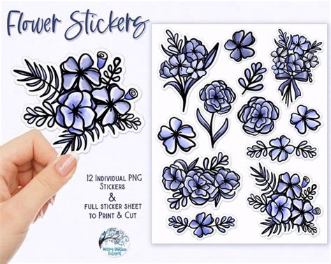 Blue Flower Stickers Png Printable Flower Stickers Floral Etsy