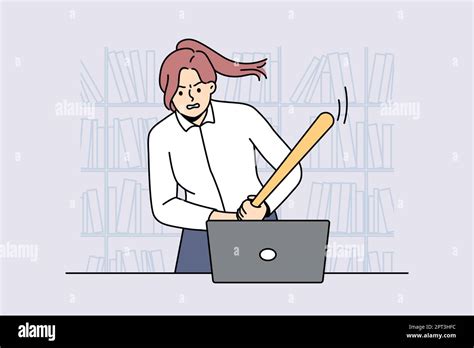 Furious Businesswoman Crash Computer With Bat Stock Vector Image And Art