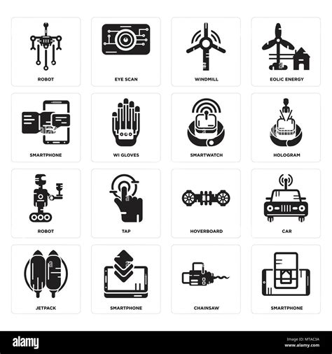 Set Of 16 Simple Editable Icons Such As Smartphone Chainsaw Jetpack Car Robot Smartwatch