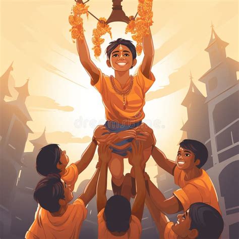 Illustration Of Illustration Of Boys At Playing Dahi Handi Generative
