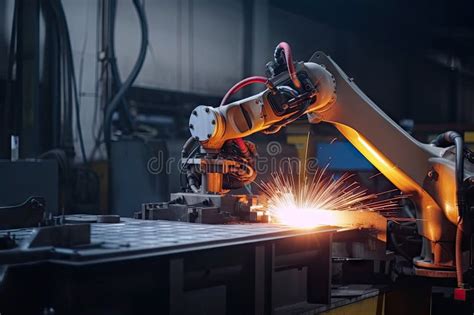 Robotic Arm Extending From Factory Robot Welding Metal Parts Together