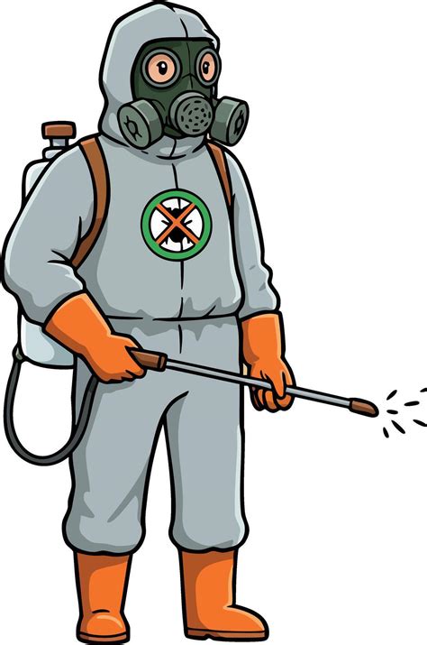 Pest Control Worker Wearing Protective Suit And Gas Mask Spraying