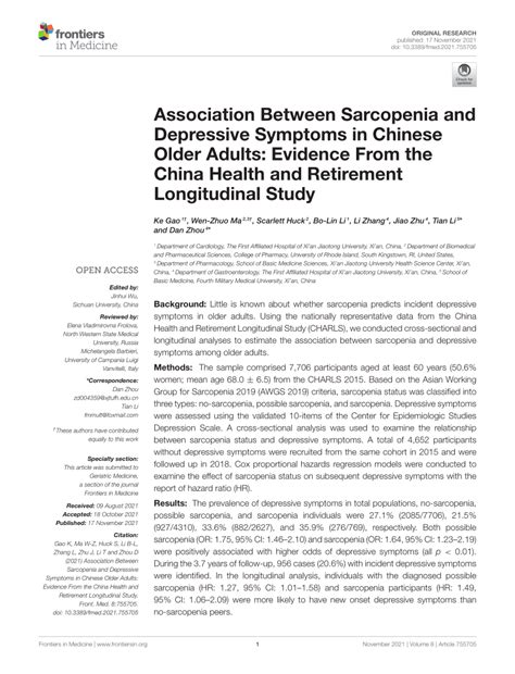Pdf Association Between Sarcopenia And Depressive Symptoms In Chinese Older Adults Evidence