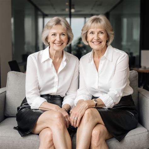 Two Beautiful Mature Women Sitting On A Sofa Short Pleated Skirts High