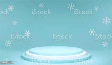 푸른 배경에 겨울철과 연단을 렌더링하는 3d 렌더링 3d 일러스트 크리스마스 및 겨울 개념 액자에 대한 스톡 사진 및 기타 이미지 Istock