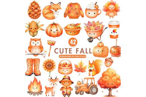 Cute Fall Clipart Kawaii Autumn Clipart Gráfico Por Digitalzee