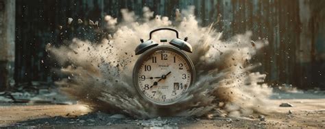 Vintage Alarm Clock Exploding In Dramatic Slow Motion With Dust And Debris Flying Everywhere