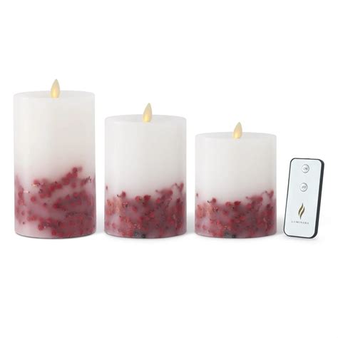 Luminara White Wax Red Berry Round Flameless Pillar Candles