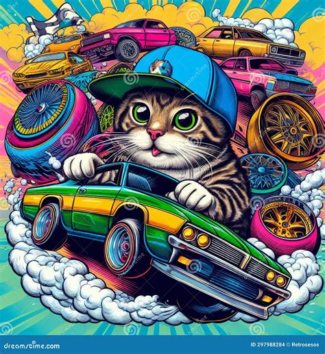 Lowrider Anthropomorphic Cat Drive Tuned Car Smoke Wheels Drifting In