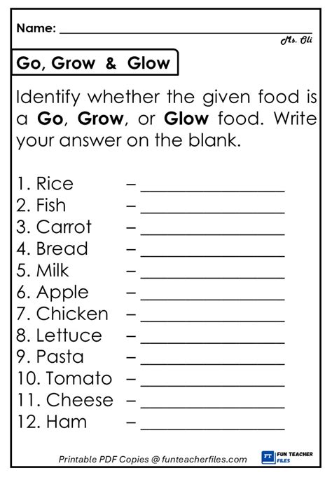 Go Grow And Glow Food Worksheet 1 Fun Teacher Files