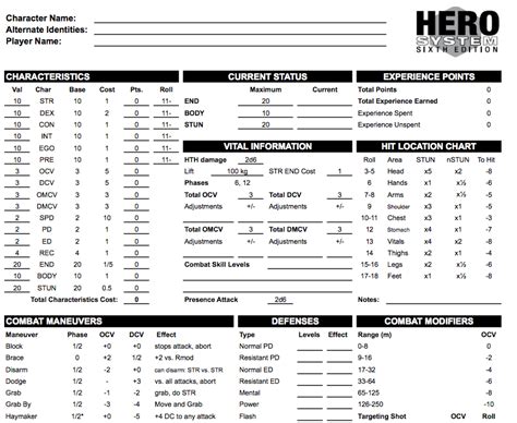 Hero 6e Excel Character Sheet Hero System 6th Edition Documents