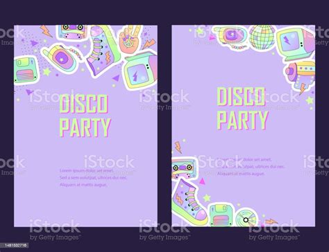 초대장 포스터 광고를위한 복고풍 개체가있는 템플릿 90년대 분위기 텍스트를 위한 공간입니다 벡터 그림 세트입니다 1980 1989 년에 대한 스톡 벡터 아트 및 기타 이미지