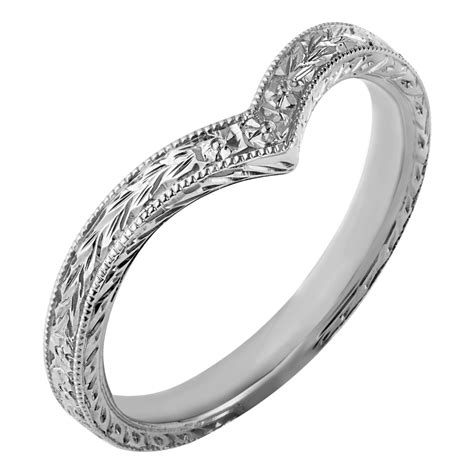White Gold Engraved Wishbone Wedding Ring With Forget Me Not Flowers