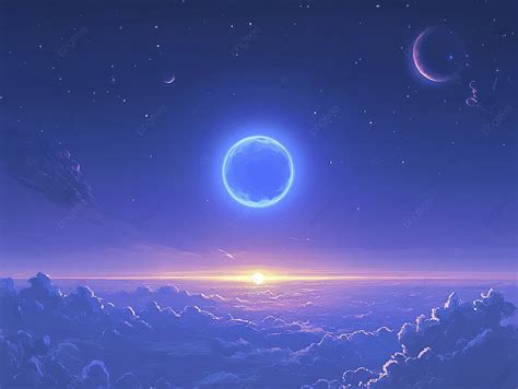 Matahari Biru Di Langit Dengan Planet Yang Mengorbit Awan Di Bawahnya Dan Ruang Bulan Lain Di