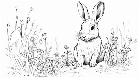 Cute Rabbit Bunny Sitting In The Grass Sketch Drawing Premium Ai
