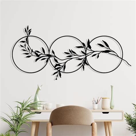 Three Circles Leaf Metal Wall Art Matte Black Steel Olive Branch Over