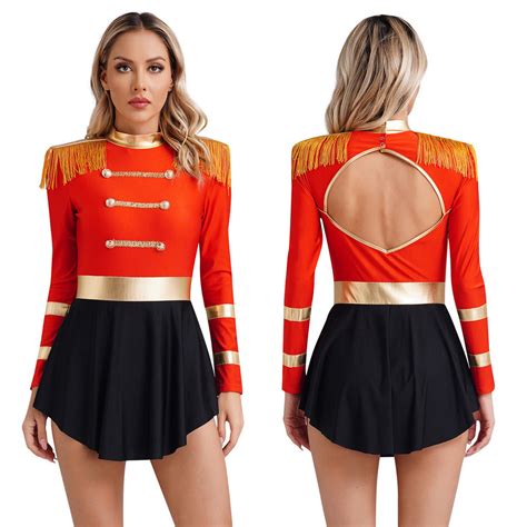 Women Halloween Circus Ringmaster Bodysuit Dress Long Sleeve Contrast