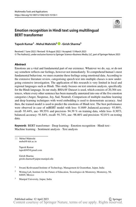Emotion Recognition In Hindi Text Using Multilingual Bert Transformer