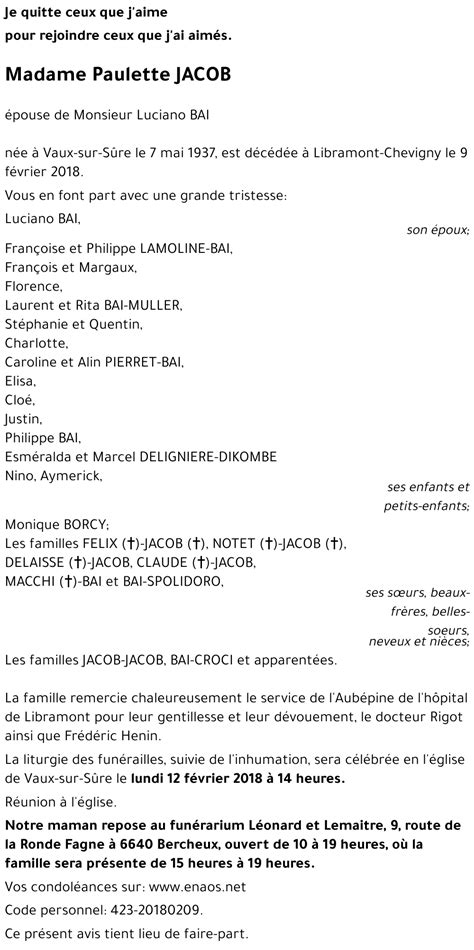 Avis De Décès De Paulette Jacob Décédé Le 09 02 2018 à Libramont