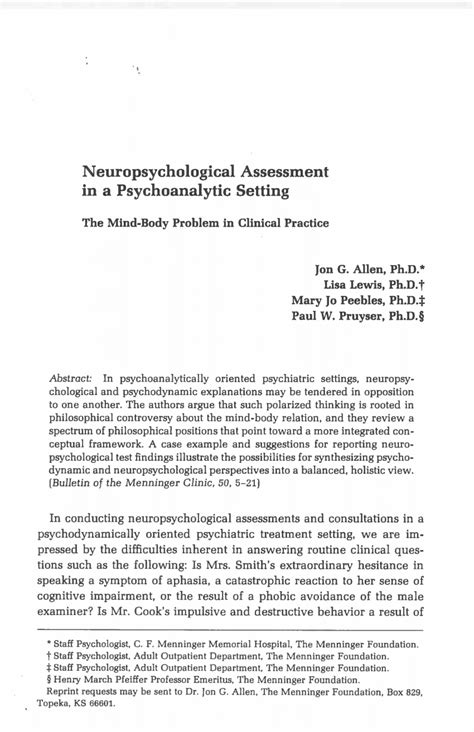 Pdf Neuropsychological Assessment In A Psychoanalytic Setting The Mind Body Problem In