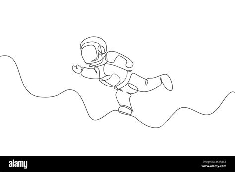 One Single Line Drawing Of Young Astronaut In Spacesuit Flying At Outer Space Vector Graphic