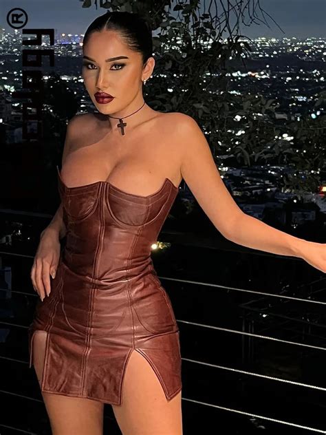 Woherb Sexy Strapless Slim Leather Slit Bodycon Mini Dress Party