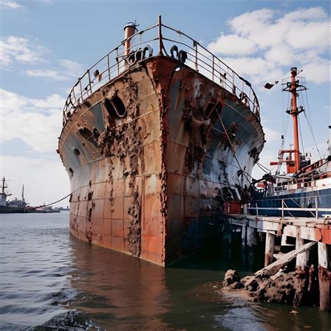 Old Rusty Ship On The Dock Hardworking Of Labour Old Rusty Ship With Labour Premium Ai